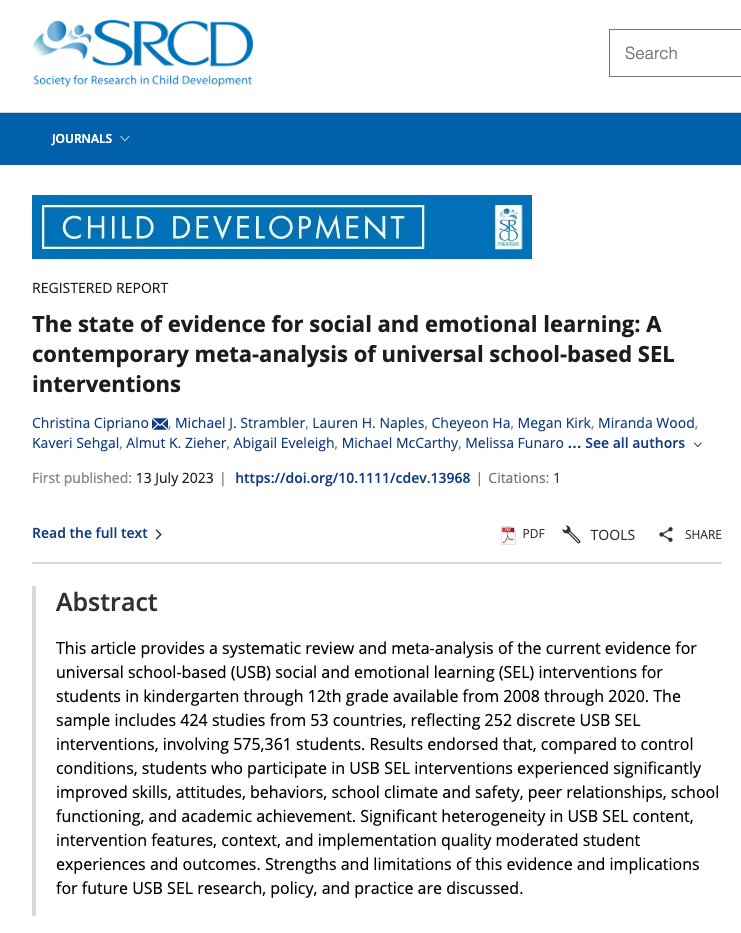 The state of evidence for social and emotional learning: A contemporary meta-analysis of ...